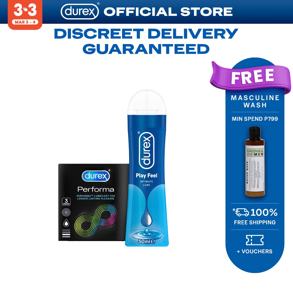 Durex Performa Extended Pleasure Lubricated Condoms 3s with Play Feel 50mL Lubricant Bundle ...