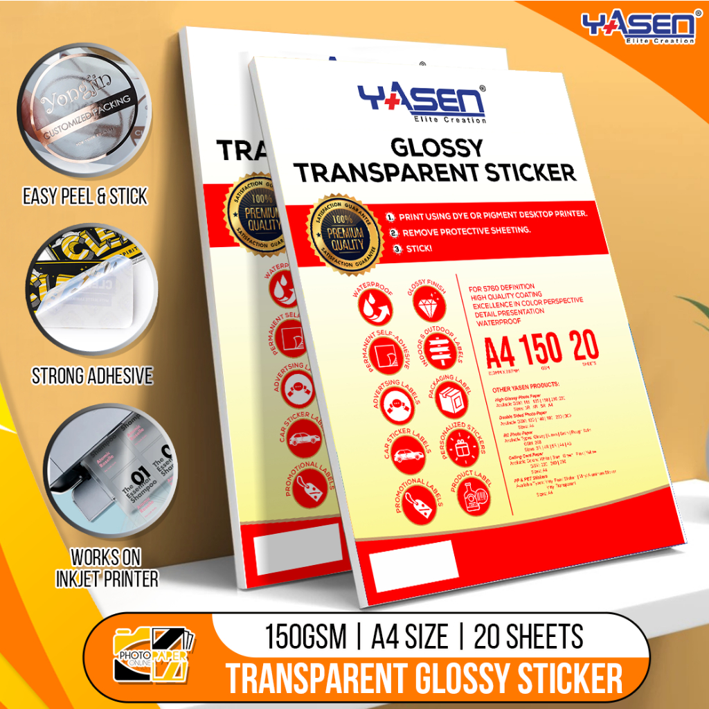 Yasen Transparent Glossy Vinyl Sticker Paper [A4, 150gsm] - Waterproof ...
