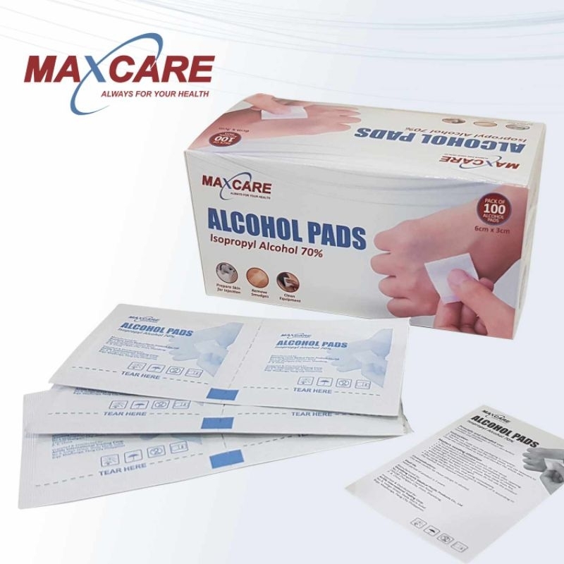 100pcs Alcohol Pads Saturated with 70% Isopropyl Alcohol ( by MAXCARE) | Shopee Philippines
