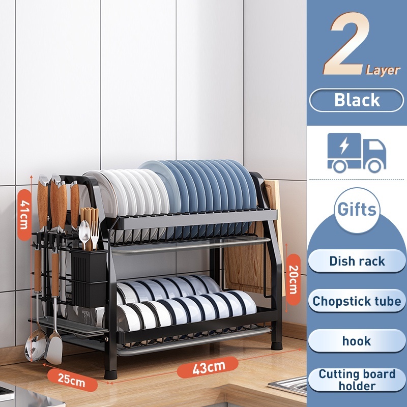 2/3-Tier Dish Rack With Cover Kitchen Countertop Plate organizer Dish ...