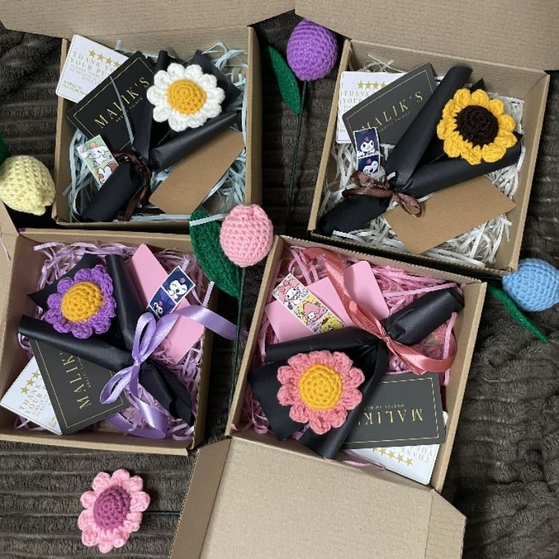 Mini Crochet Flower Bouquet (CUTE SIZE) | WITH BOX AND FREE NOTE ...