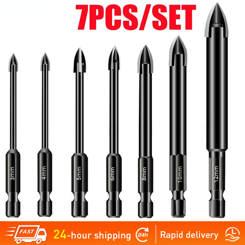 7pcs Glass Concrete Drill Bit Set 3-12mm Cross Hex Tile Ceramic Drill ...