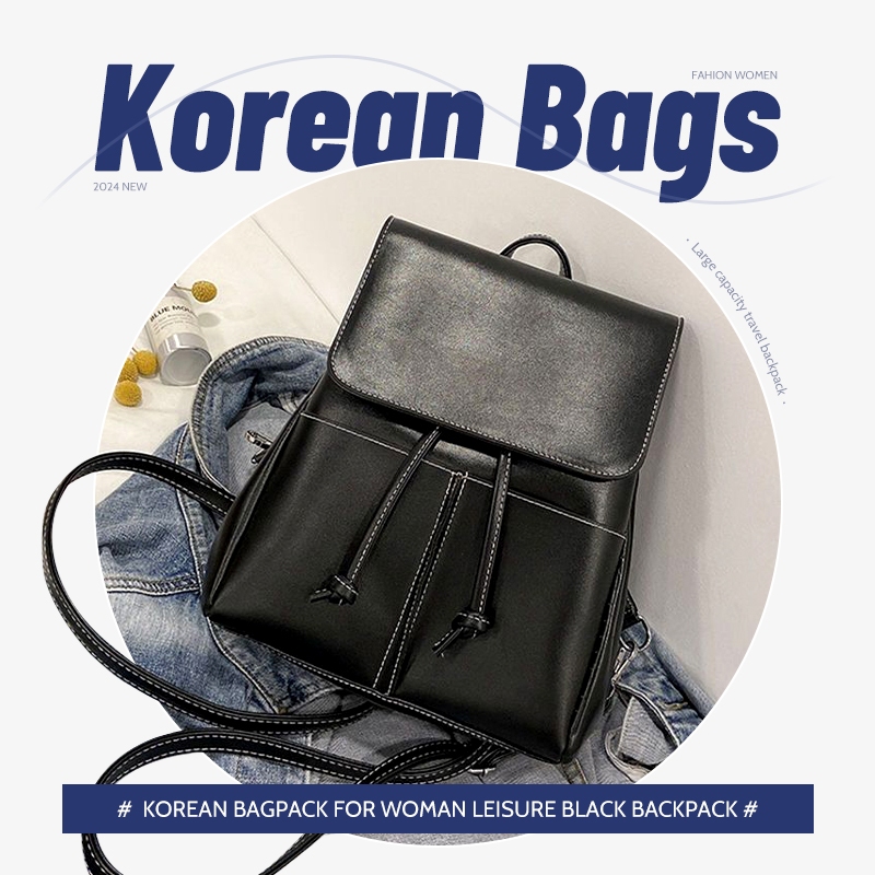 Korean Bagpack for Woman Leisure Black Versatile Travel Backpack Zipper ...