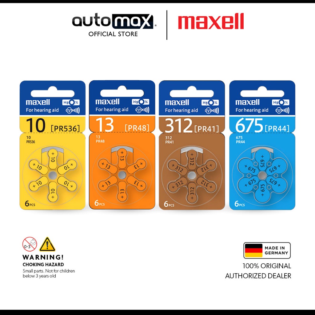 Maxell PR41 (312), PR44 (675), PR48 (13), PR536 (10) 1.45V Zinc Air Hearing Aid Battery - 6 ...