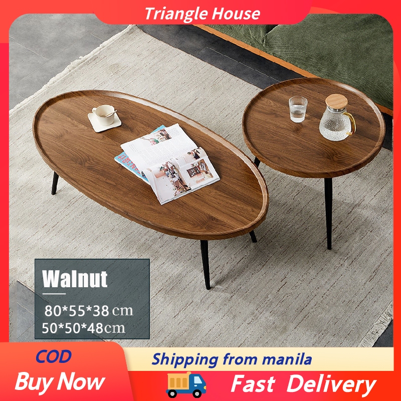 2Pcs Wooden Walnut Coffee Table, Rustic Coffee Table Mid-Century Modern ...