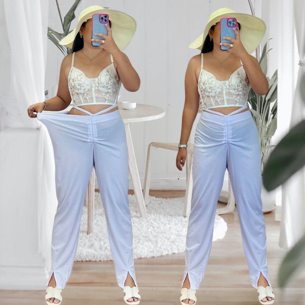 LKOU RUCHED STRING WITH SPLIT HEM FLARE LEG PANTS PLUS SIZE L-3XL | Shopee Philippines