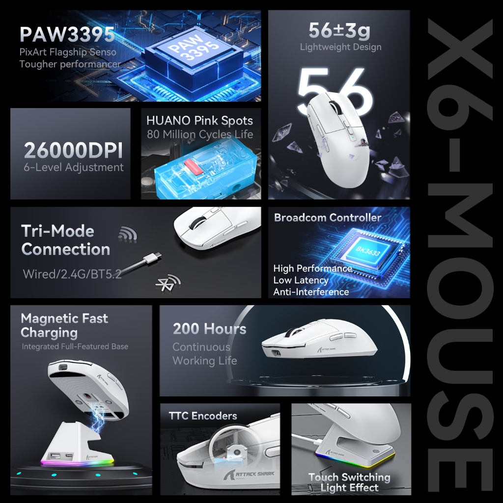 Attack Shark X6 PAW3395 Sensor Tri-Mode Wireless Mouse Charging RGB Base Gaming Mouse Software ...