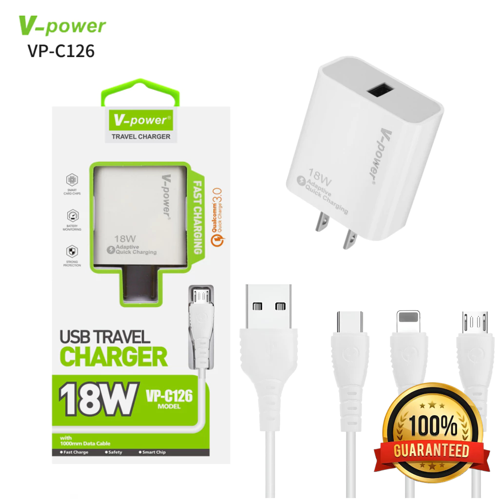 PinSan V-power VP-C126 18W travel Qualcomm 3.0 Fast charger with cable ...