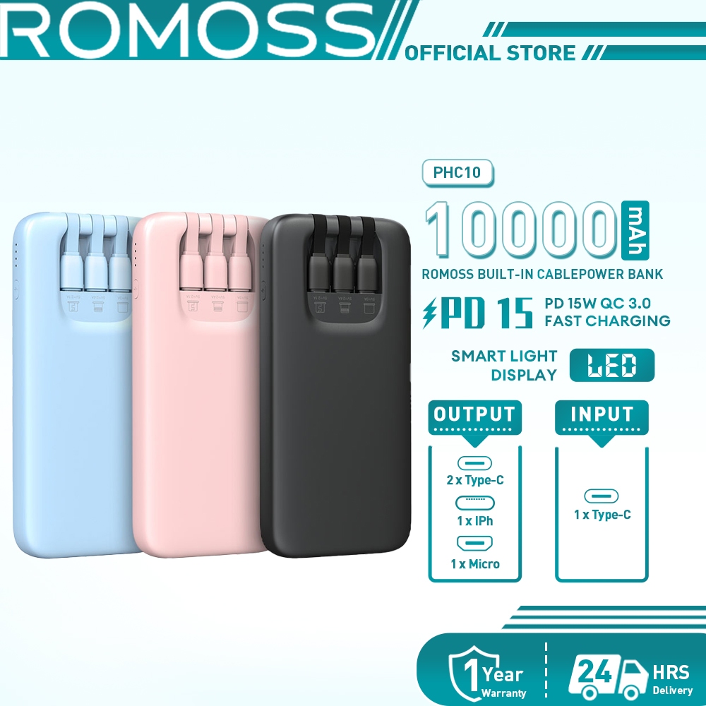 Romoss PHC10 10000mAh Powerbank Built-in 3 Cables Iph /Type-C /Micro ...