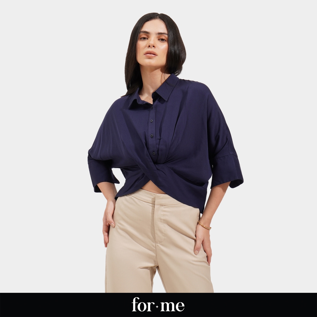 ForMe Cross Hem Button Down Top for Women (Navy Blue) | Shopee Philippines