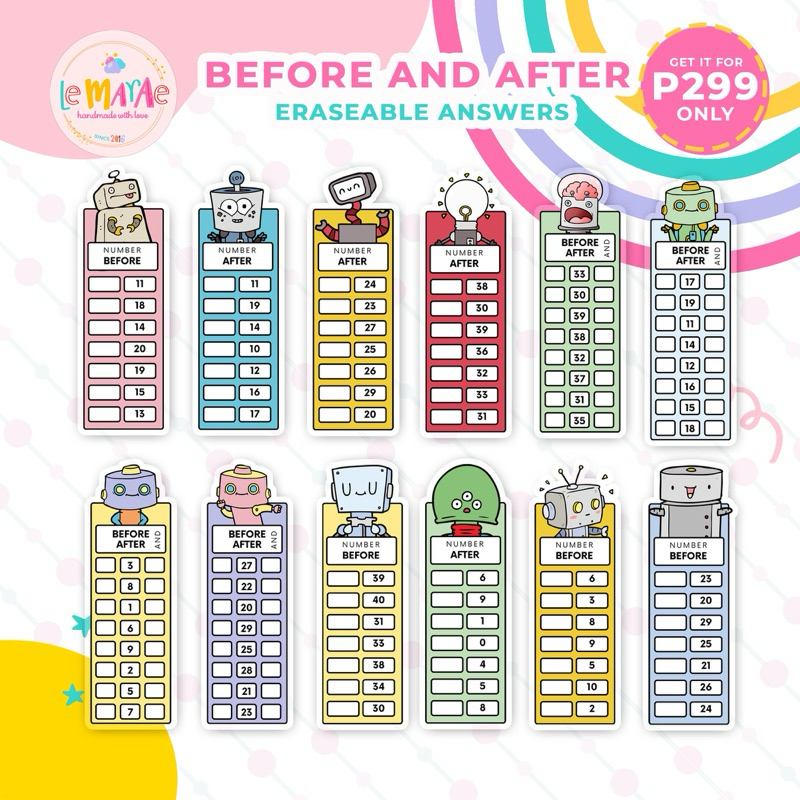 BEFORE AND AFTER NUMBERS Laminated Educational Flashcards Eraseable ...