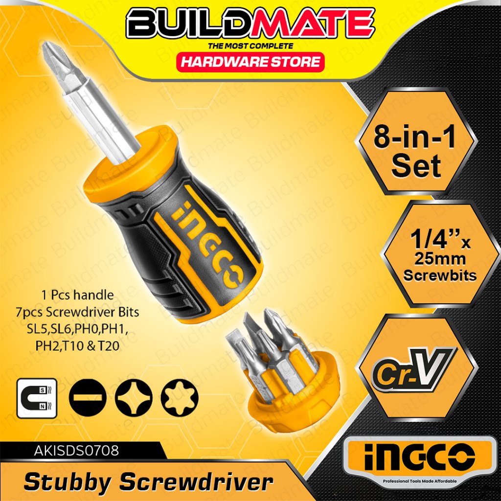 BUILDMATE Ingco 8 in 1 25mm Stubby Screwdriver Set Flat & Philip Screw ...