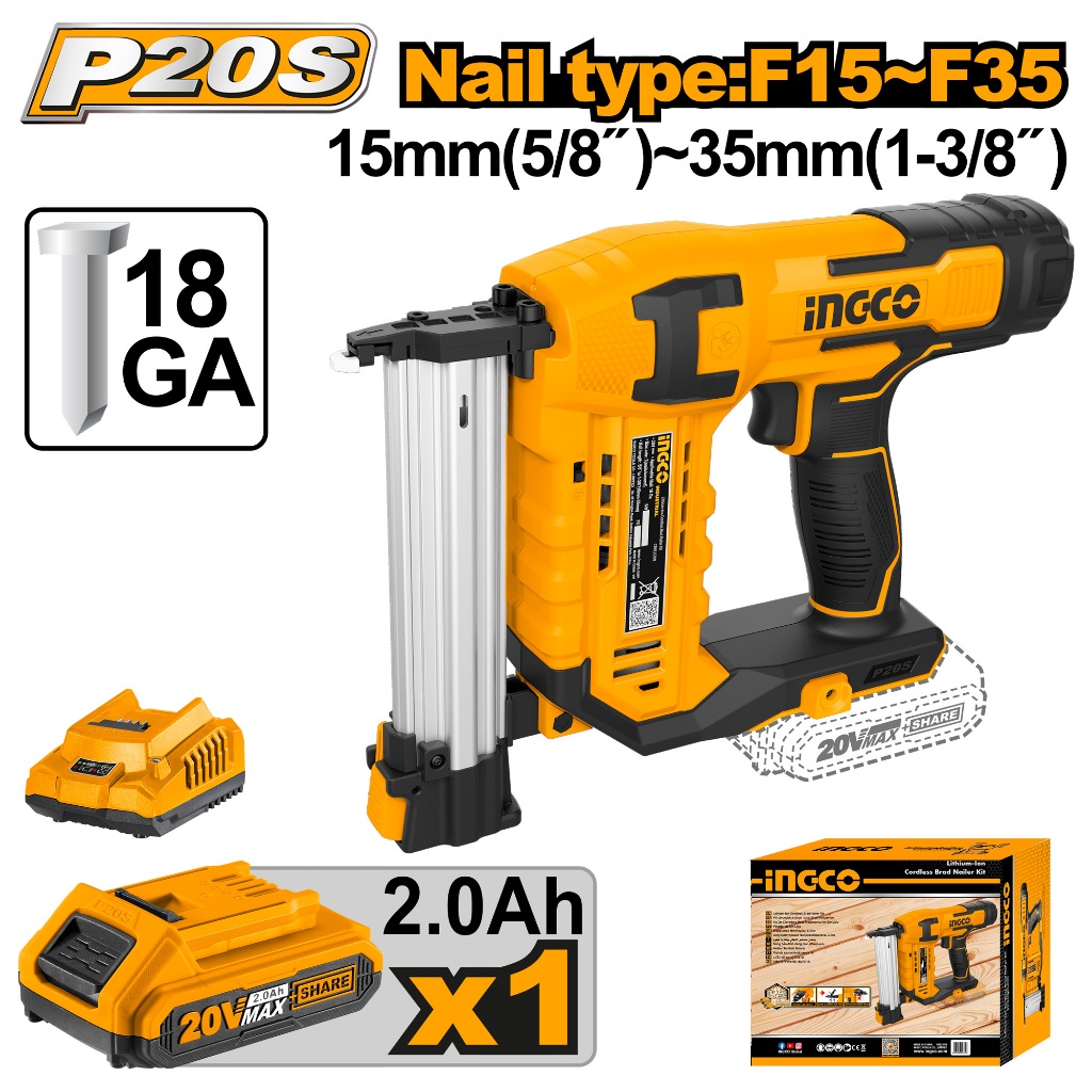 INGCO Lithium-Ion Cordless Brad Nailer Kit 20V Nail Guns TFM ICPT ...