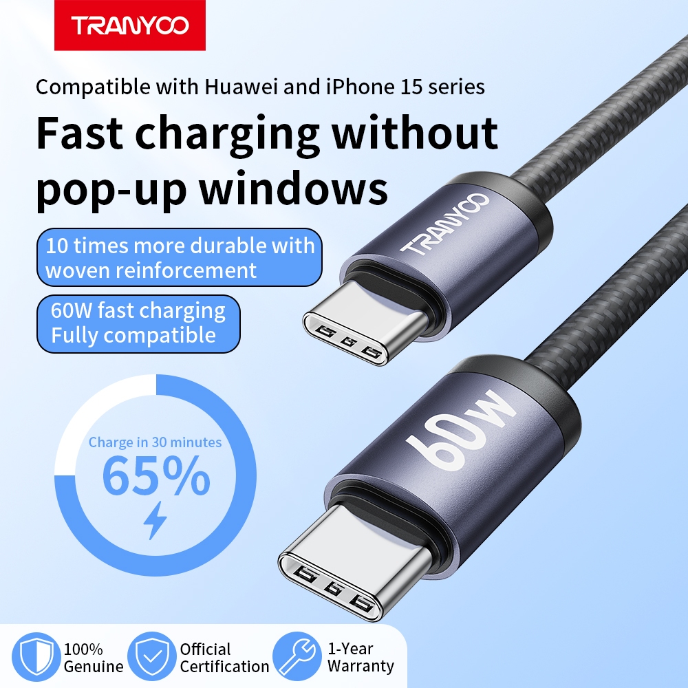 Tranyoo P21 60W 1M Data Cable Fast Charging For Type-C Transfer Sync & Metal Braid Charge Cable ...