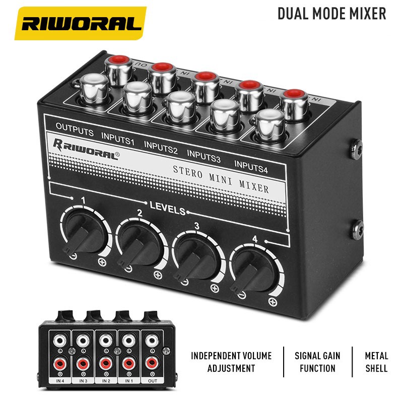 Mini Audio Mixer Stereo / Mono 4 Channel 1/4 Inch TSR/TS Audio Input ...