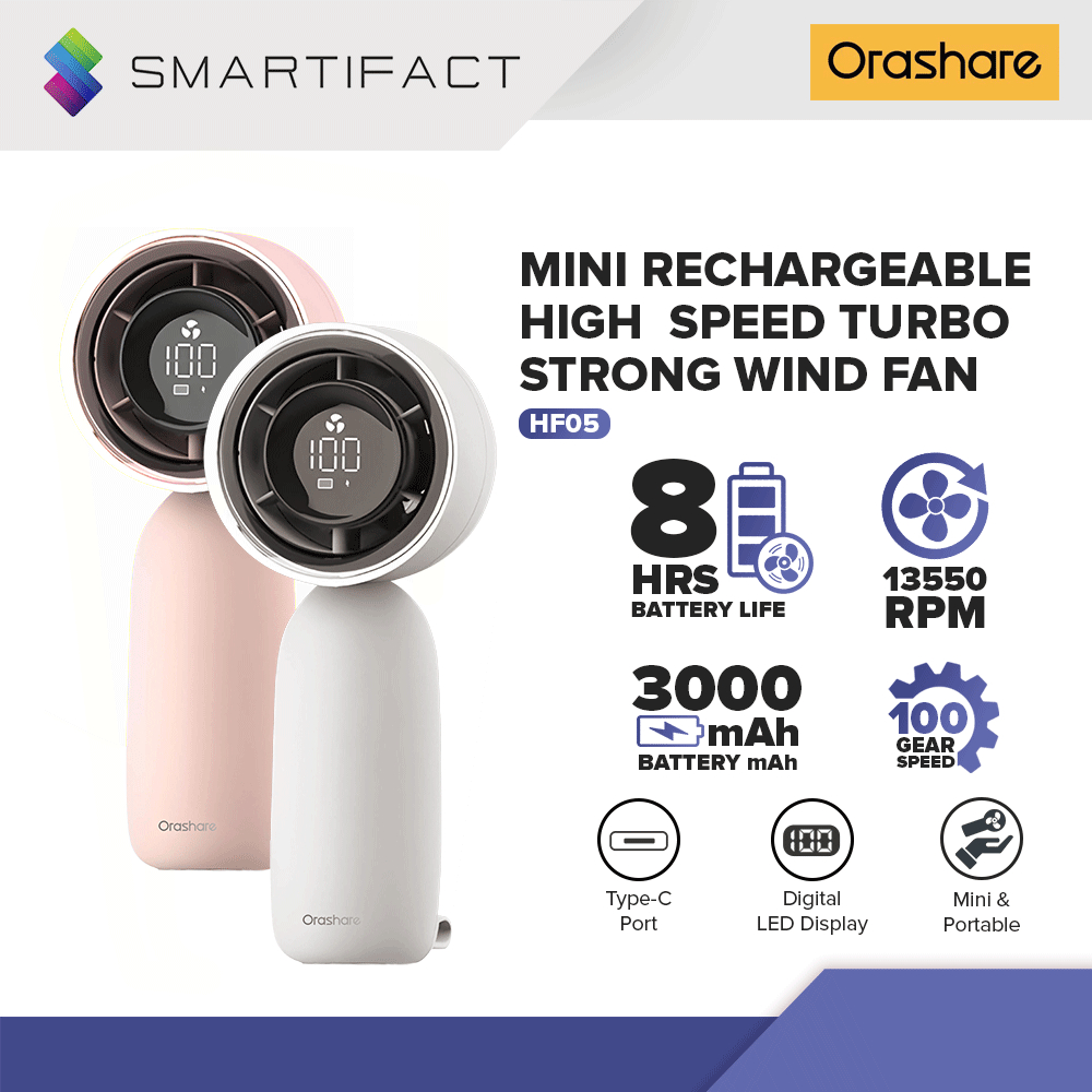 Orashare HF05 Mini Fan Rechargeable High Speed Turbo Strong Wind 5 Gear ...