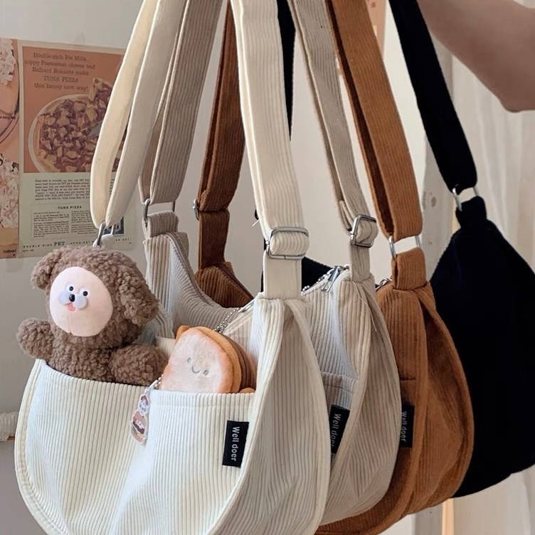 Japanese Corduroy Dumpling Sling Bag School College Shoulder Crossbody ...