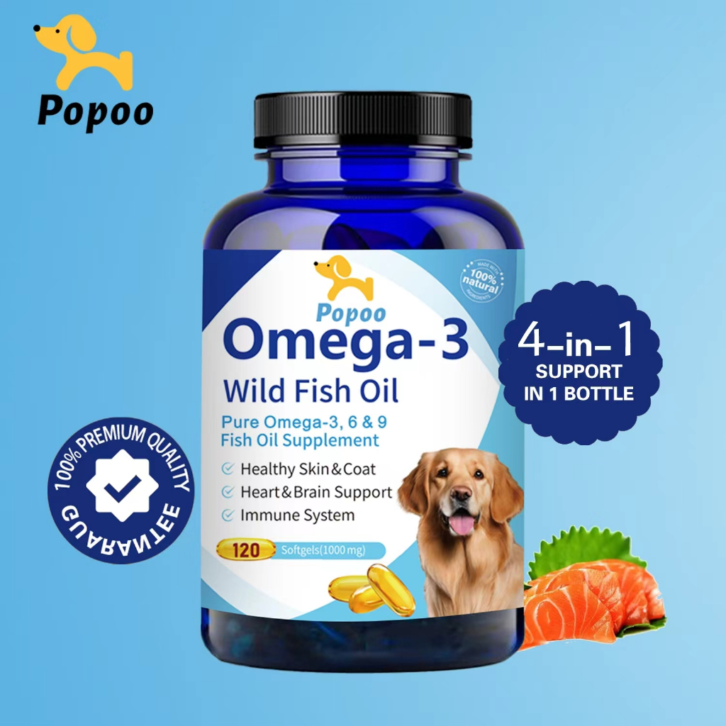 Popoo Omega 3 Wild Fish Oil Soft Gels for Dogs and Cats Supplement for Stronger Immune System ...