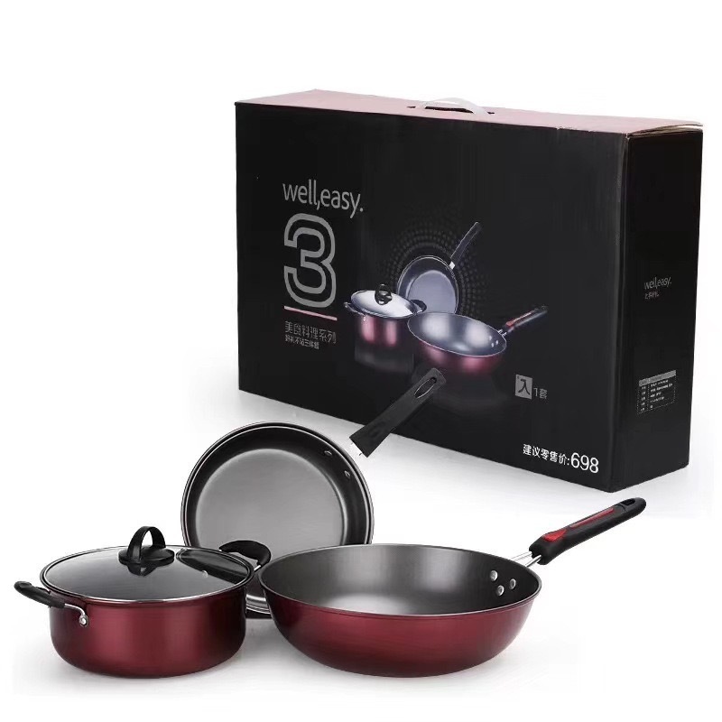 3pcs Cookware Set Non-Stick Wok Cooker Kitchenware Cookingware（Red ...