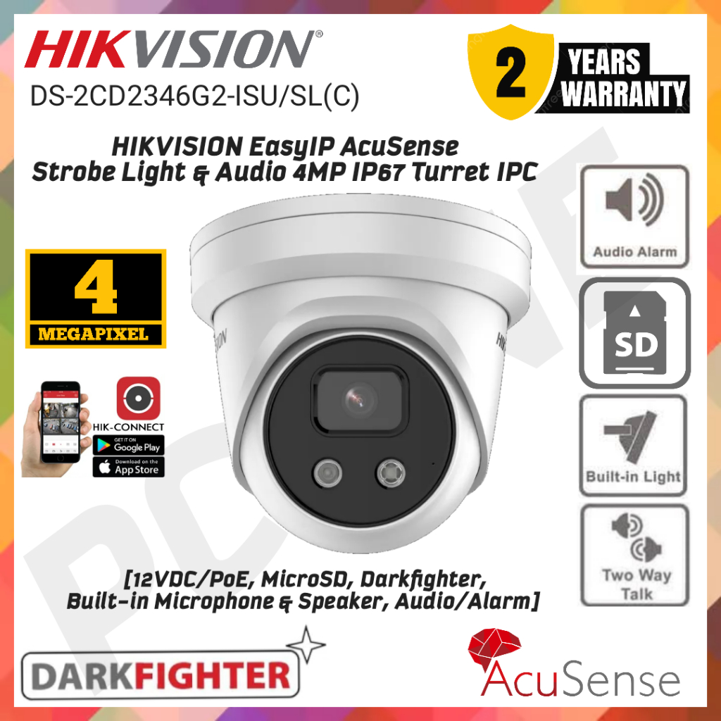 HIKVISION DS-2CD2346G2-ISU/SL(C) EasyIP AcuSense Strobe Light & Audio 4MP IP67 Turret IPC ...