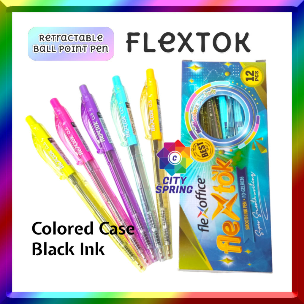 FlexTok 12pcs Retractable Pen [Black Ink] 0.5mm Colored Pen Body Neo ...
