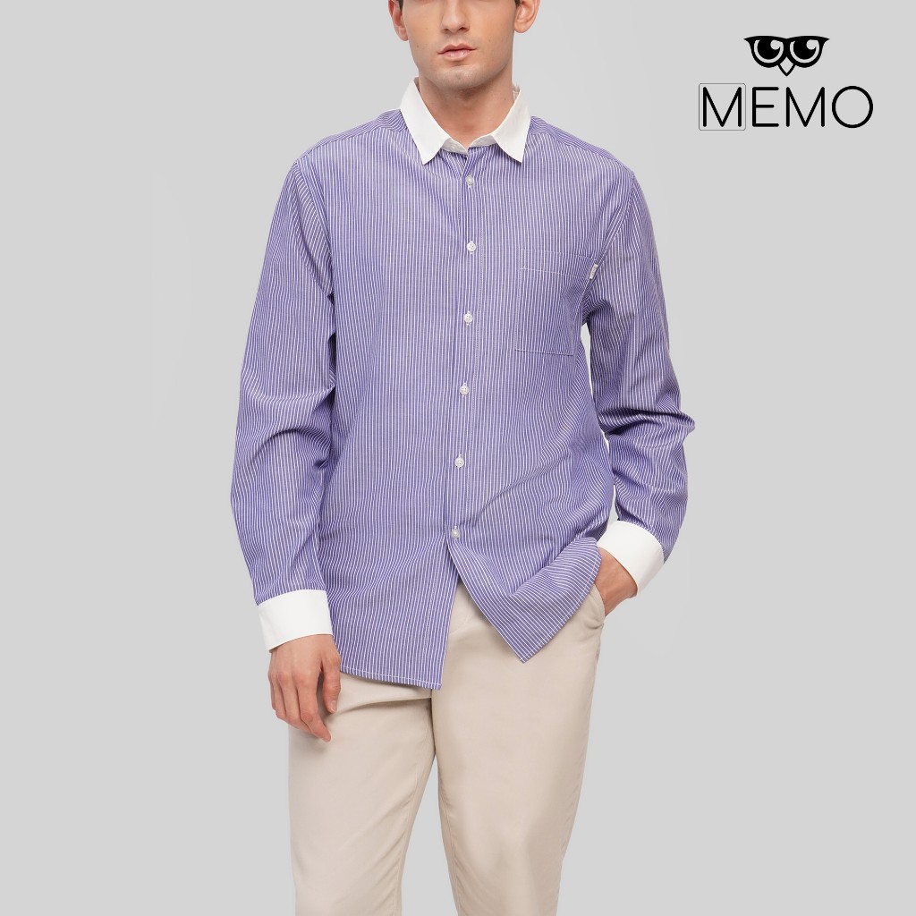 Memo Striped Long Sleeve Shirt With Contrast Cuff And Collar For Men ...