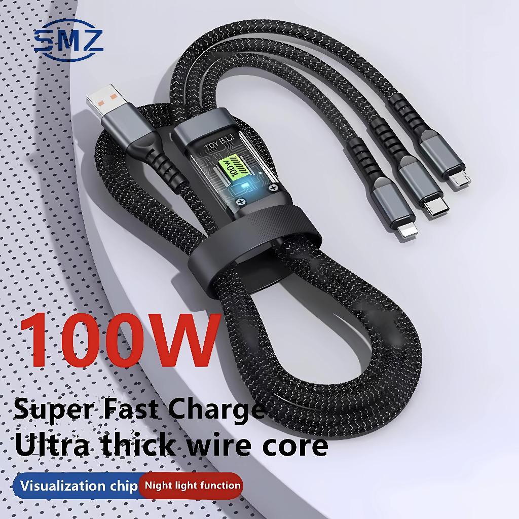 100W 3 in 1 Super Charging Cable 6A Micro USB Type C Fast Charger Type ...