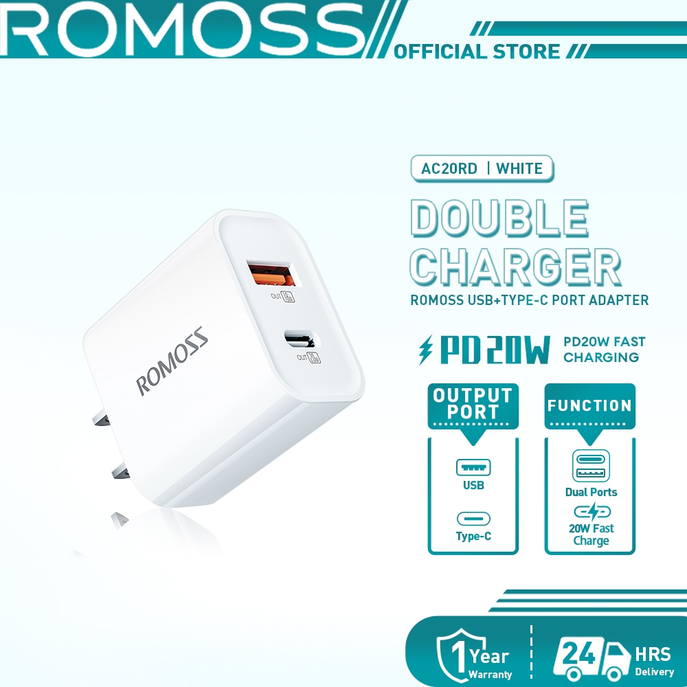 Romoss AC20RD 20W Fast Charging Charger USB/Type-C Dual Port Wall ...