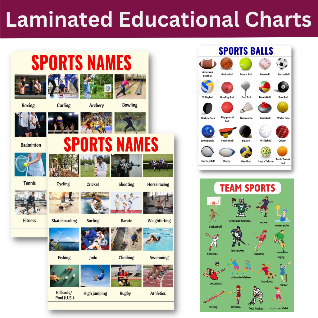 Laminated Sports and Games Charts, Sports Names, Sports Balls for Kids ...