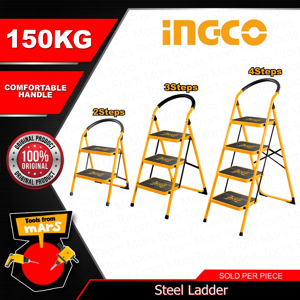 INGCO 150KG Wide Steel Ladder 2 / 3 / 4 STEPS Household Indoor Outdoor ...