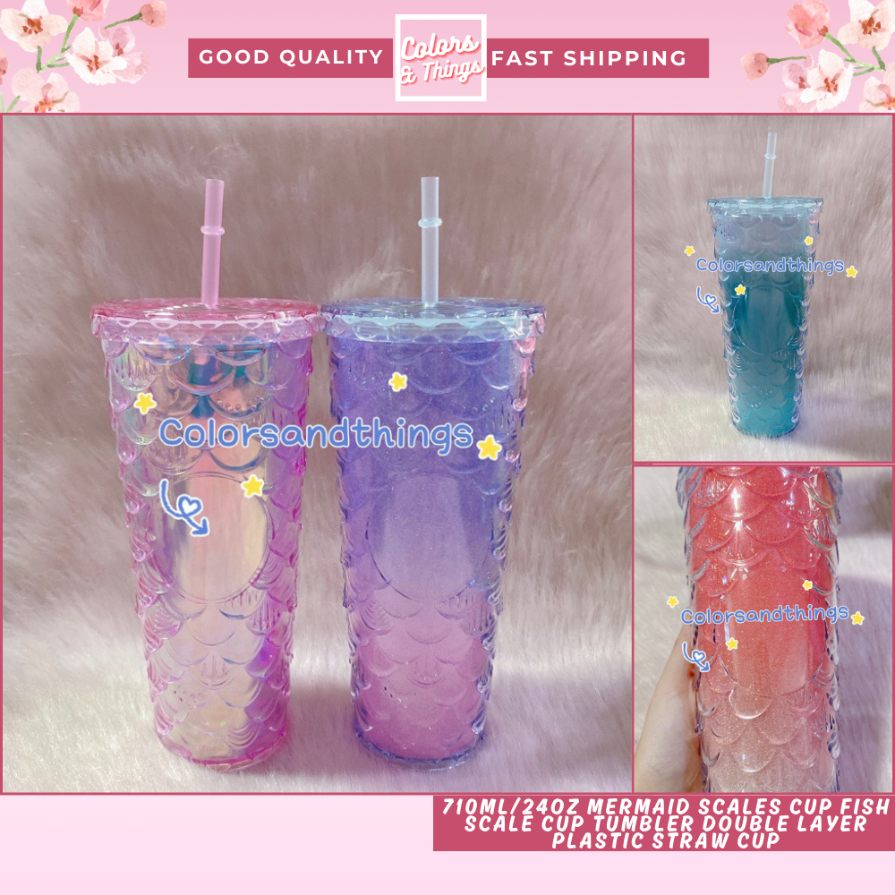 710ml/24oz Mermaid Scales Cup Double Layer Fish Scale Leakproof Tumbler ...