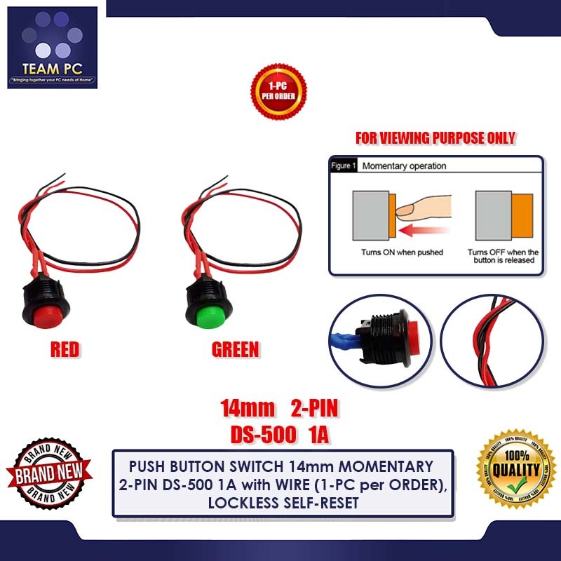 TEAM PC PUSH BUTTON SWITCH 14mm MOMENTARY 2-PIN DS-500 1A with WIRE (1 ...