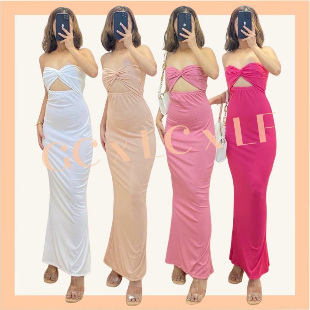 KATE Knitted Non-Padded Twisted Tube Belly Cut-Out Gartered Maxi Mermaid Bodycon Dress | Shopee ...