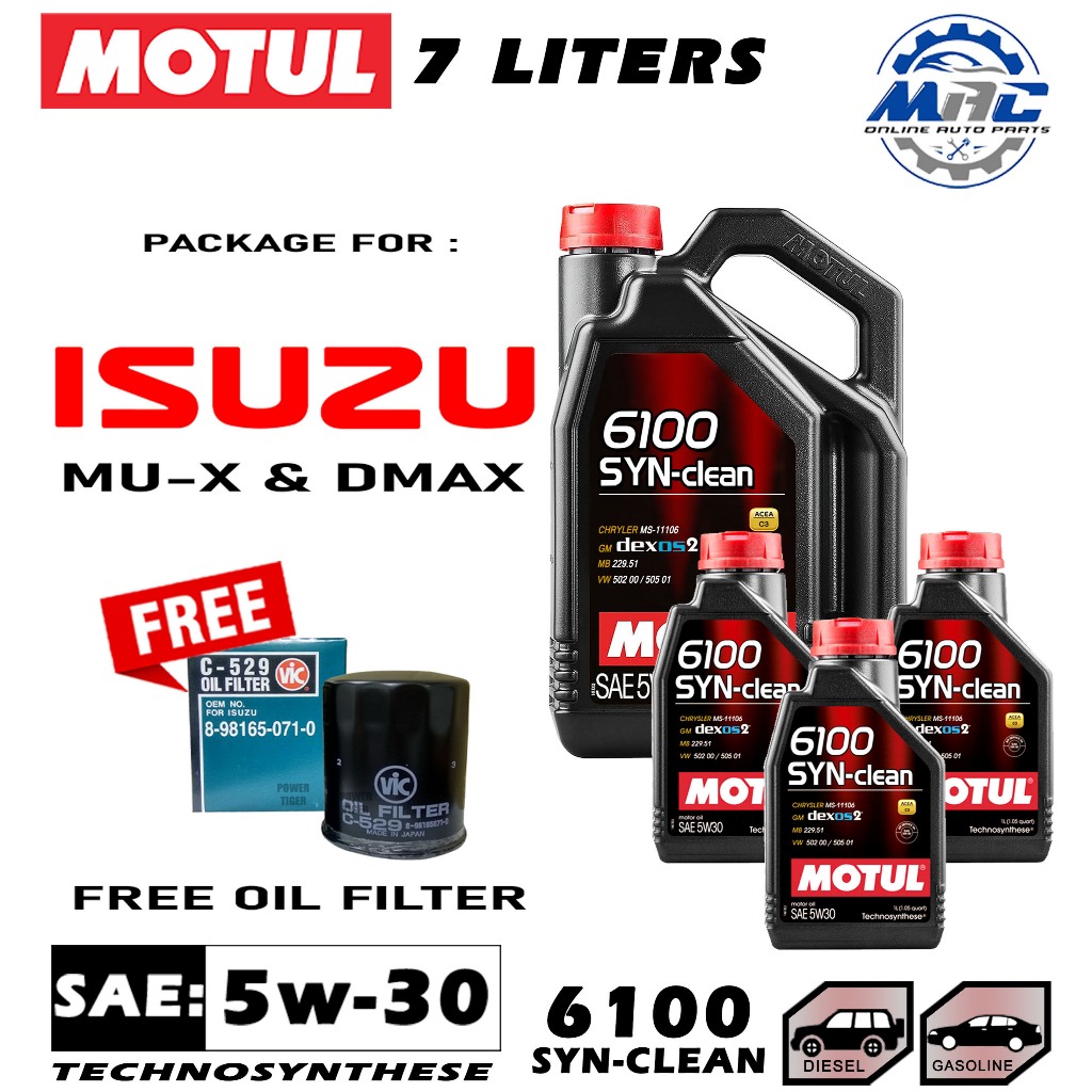 Motul 6100 Syn-Clean 5w30 7 LITERS ENGINE OIL PACKAGE FOR ISUZU MU-X D ...
