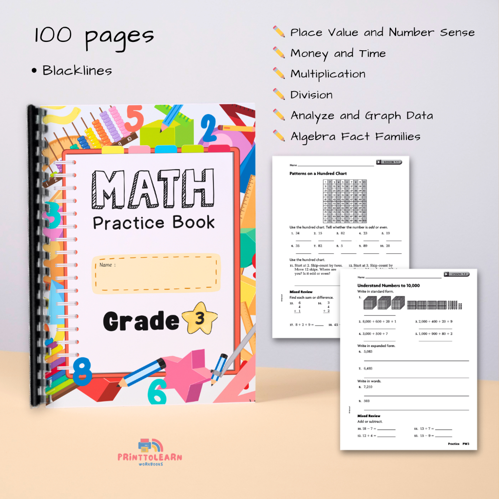 100 pages Grade 3 Math Practice Book Blacklines A4 Workbook Worksheets ...
