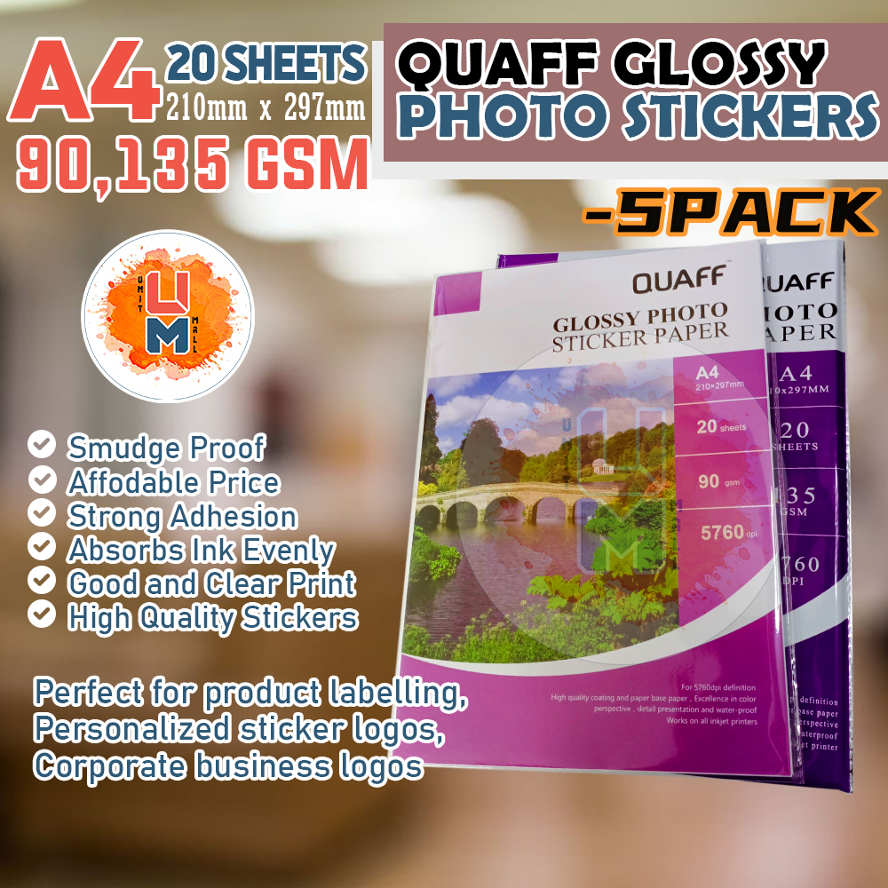5 pack Quaff Glossy Photo Sticker Paper Papers - A4 Size, 8.25x11.75 ...