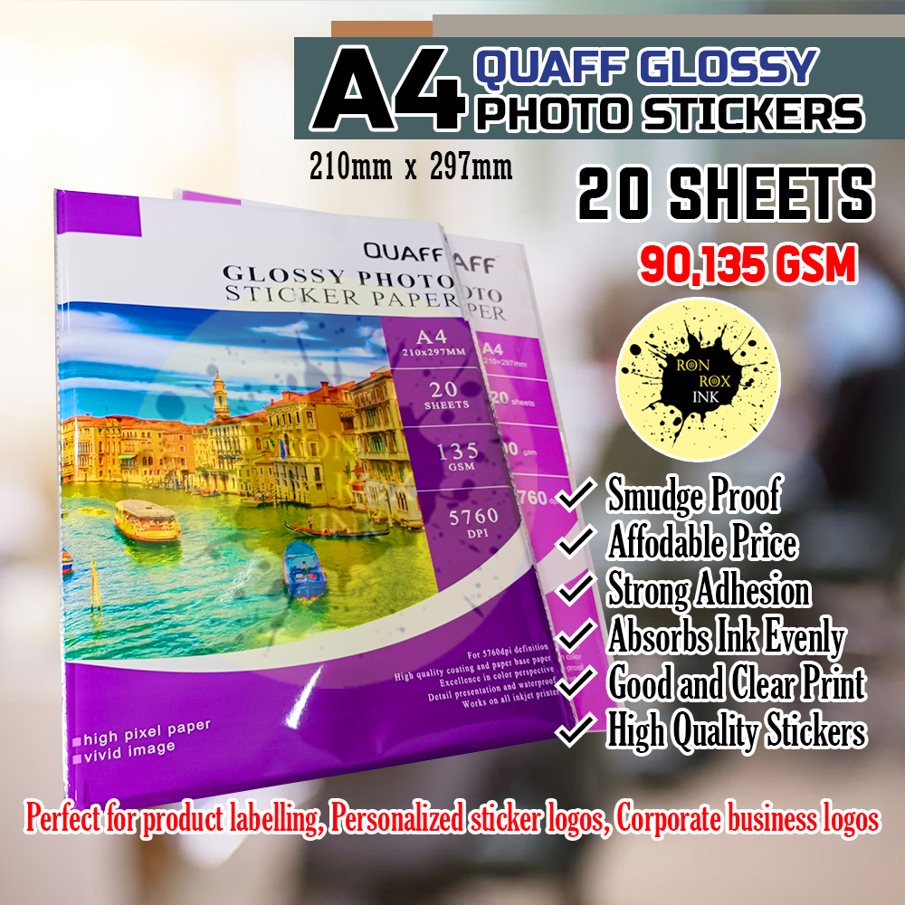 Quaff Glossy Photo Sticker Paper 135/90 gsm A4 Size 20 Sheets | Shopee ...