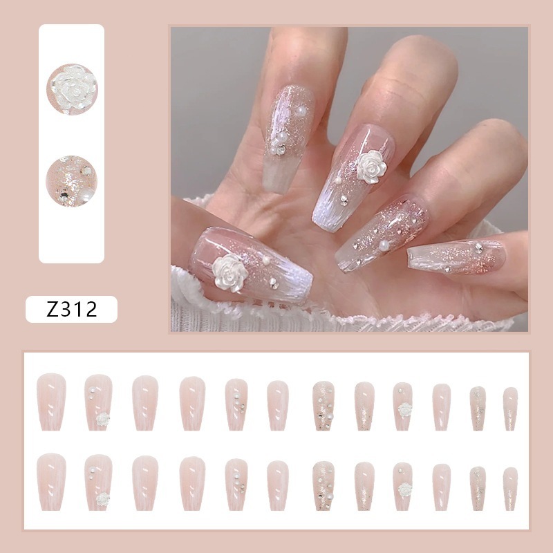 24 Pcs Long Fake Nails Set With Glue French Nail Diy Design Decorative