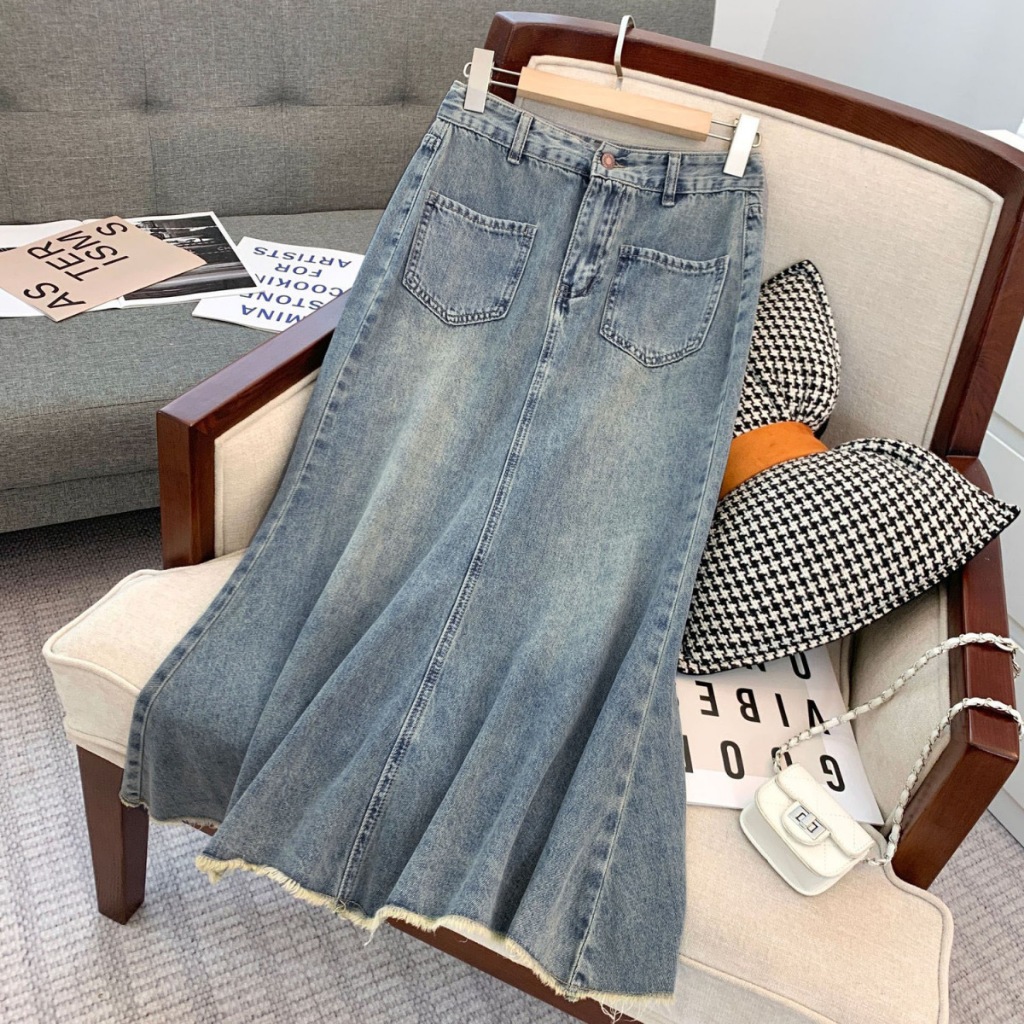 Sexy High Slit denim long skirt plus size high waist fashion A-line ...