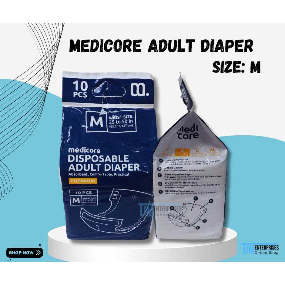 Disposable Adult Diaper MEDIUM 10's, MEDICORE | Shopee Philippines