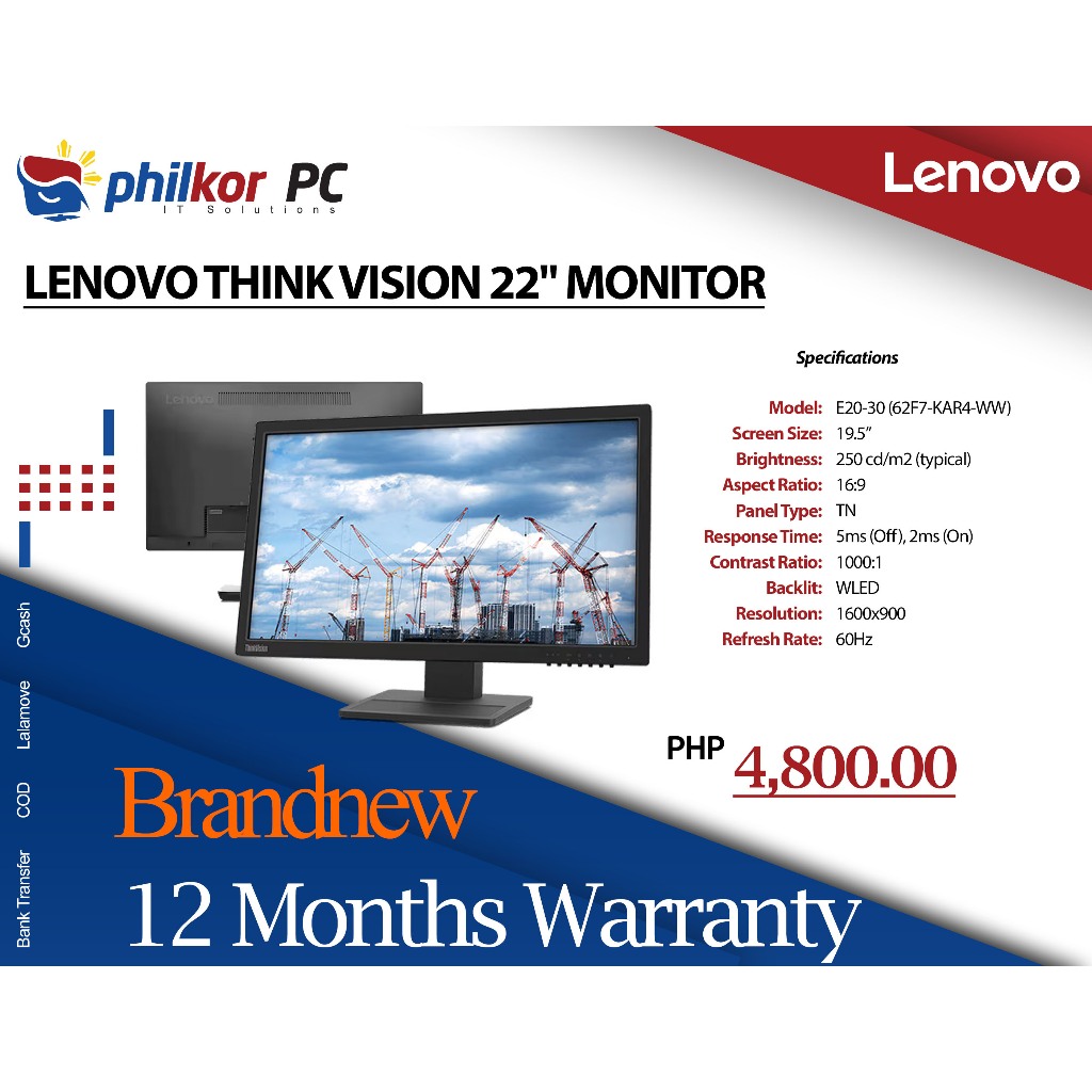 LENOVO THINK VISION 20" , 22" , 24" , 27" Monitor E20-30 , S22e-20 ...