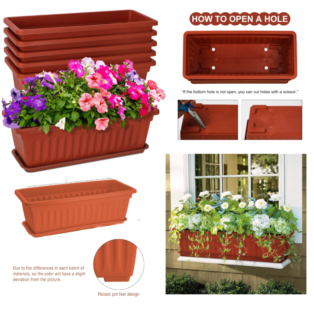 Plastic Vegetable Flower Planter Boxes with Tray, Rectangular Indoor ...