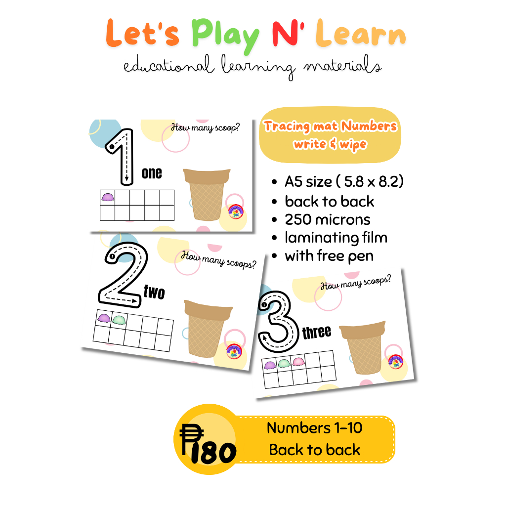 Playdough mats counting and tracing numbers, A5 size Write and wipe ...