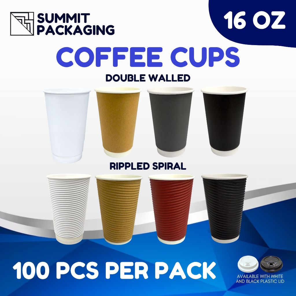 (100pcs) - Double Wall or Rippled Coffee Cup 16oz (Black | Gray | Kraft ...