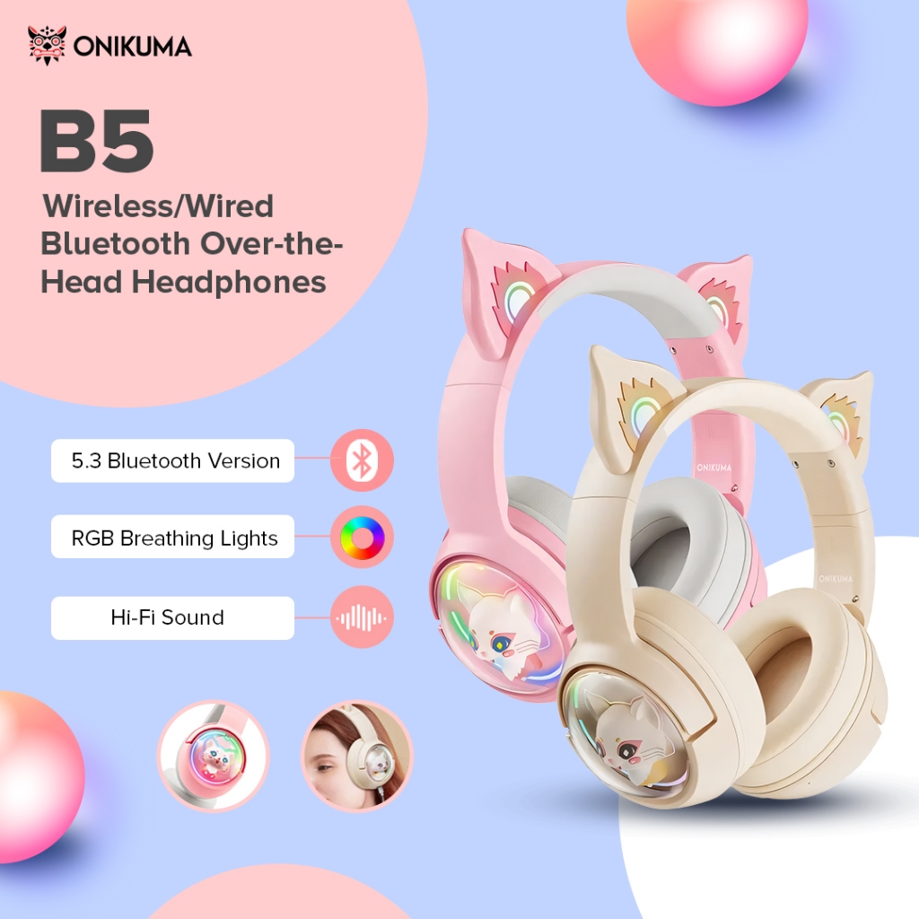 Onikuma B5 Wireless Gaming Headset Cat Ear Pink Bluetooth Headphones ...