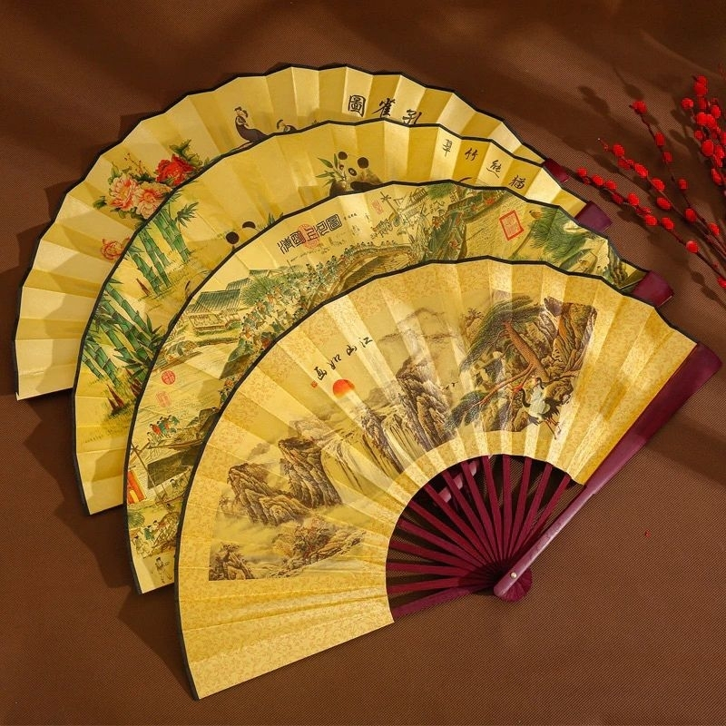 Chinese Wind Wood Folding Fan Bamboo Fabric Hand Fans Chinese Lucky Fun ...
