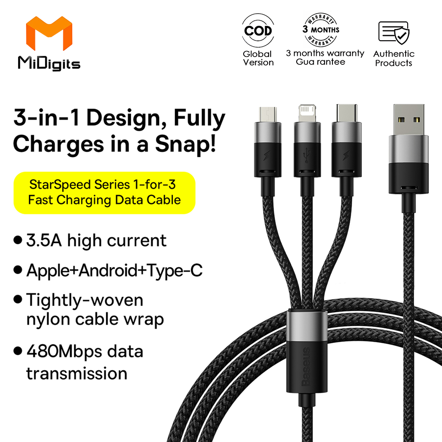 Baseus 3 In 1 USB 3.5A Micro Type C Cable For Mobile Phone Android ...