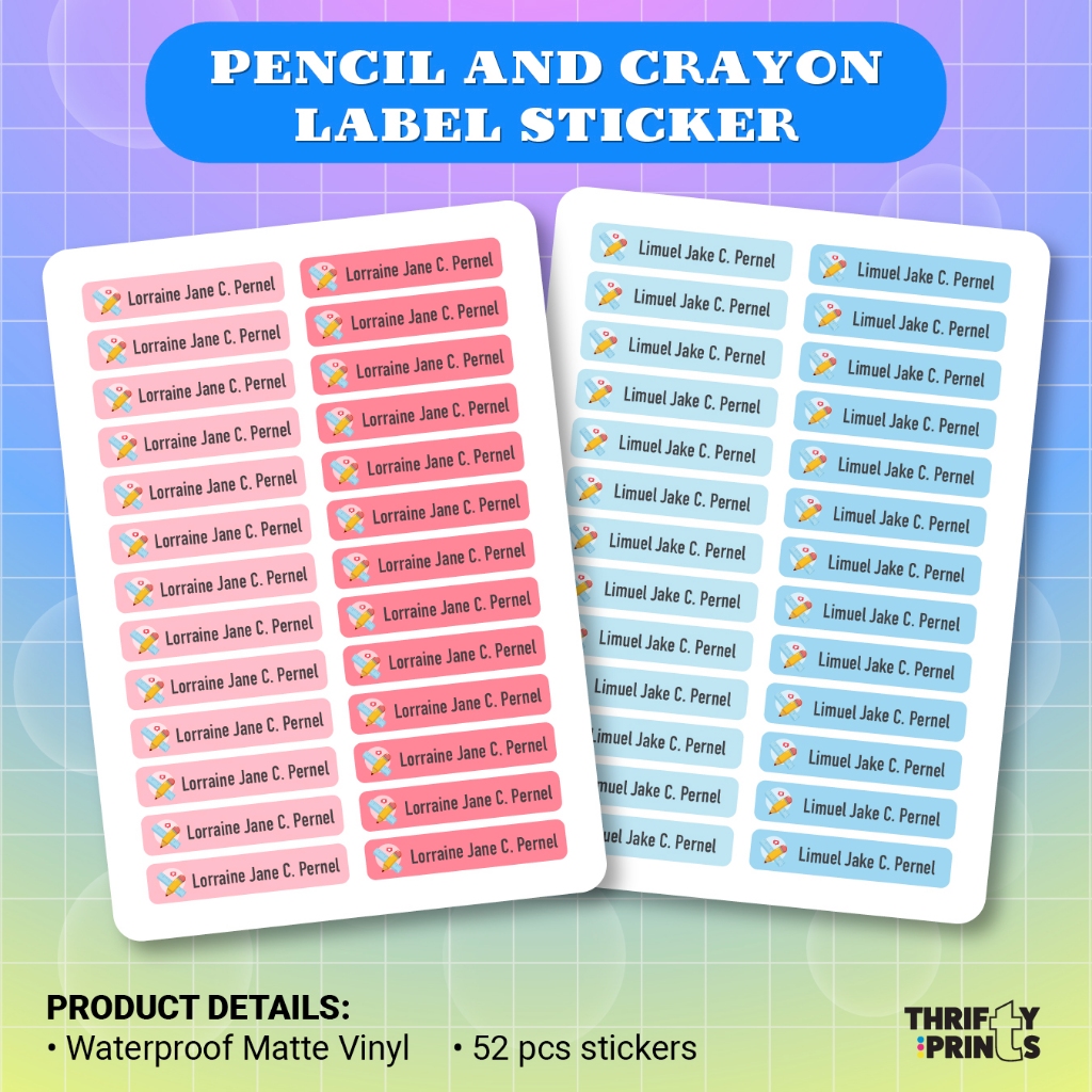 52 pcs Pencil and Crayon Label Sticker | Name Sticker | Matte Vinyl ...