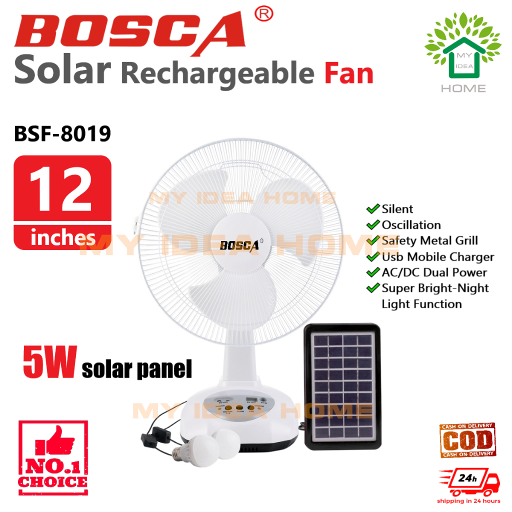 BOSCA Solar Recahrgeable Electric 12 inches Fan Stand Fan with LED light TWO LED bulbs BSF-8019 ...