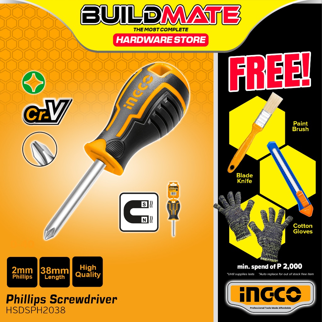 BUILDMATE Ingco PH2 x 38mm Industrial Magnetic Stubby Phillips Screwdriver Hand Repair Tools ...